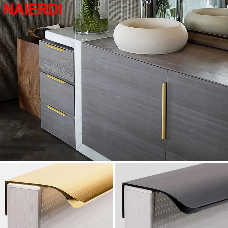 NAIERDI Hidden Cabinet Pulls Gold Black Drawer Knobs Long Pull Hidden ...