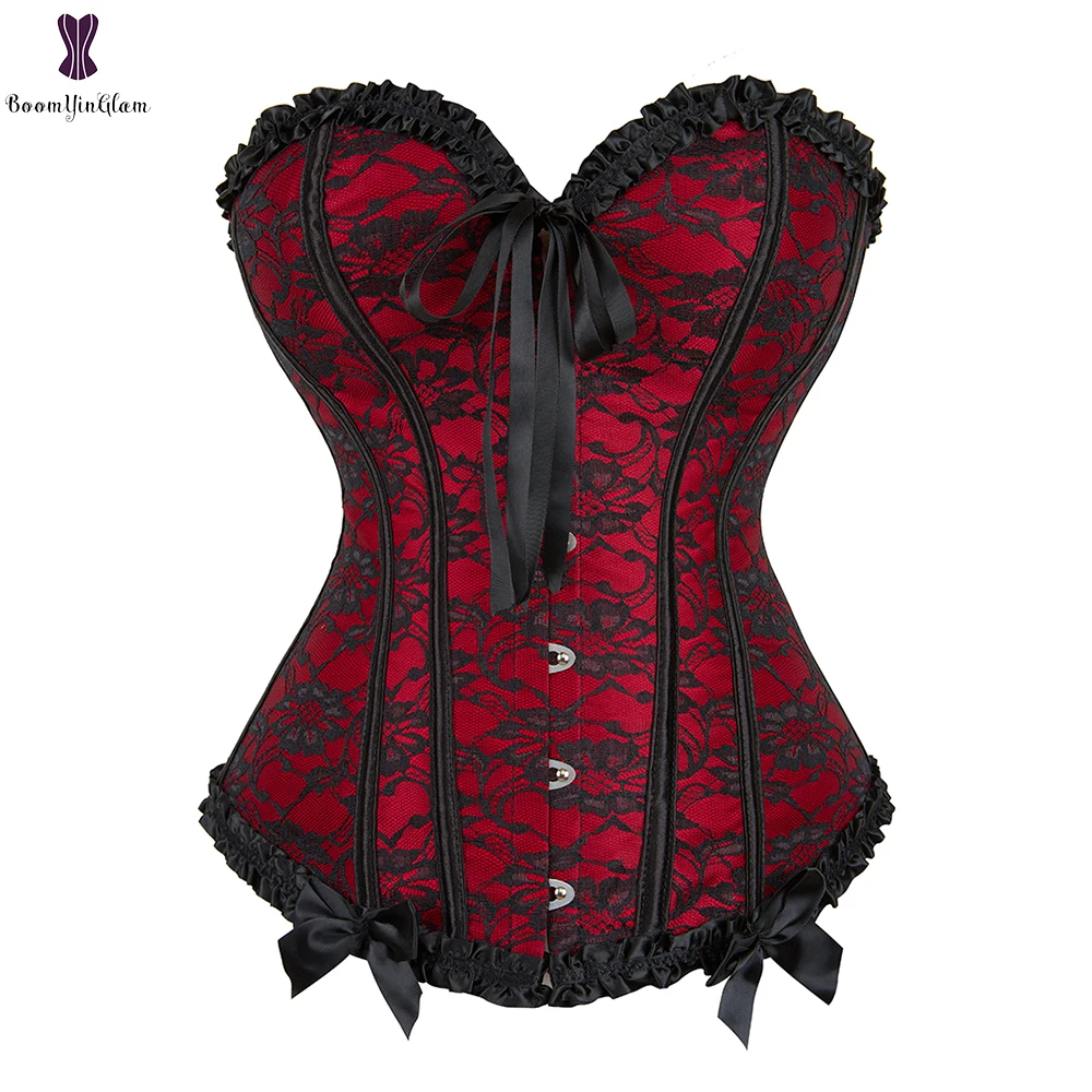 Women-Lingerie-Basques-Corselet-Bustier-Floral-Lace-Overlay-Overbust ...
