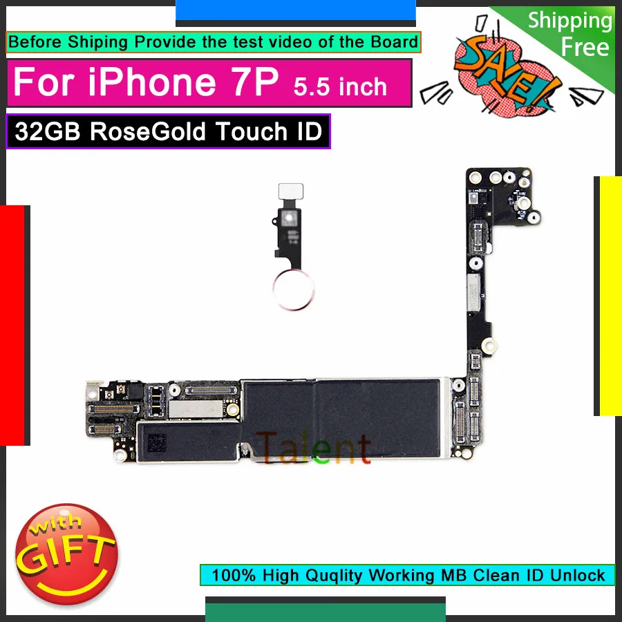 For IPhone 7 Plus Motherboard 32GB RoseGold Touch ID Home Button Unlock ...