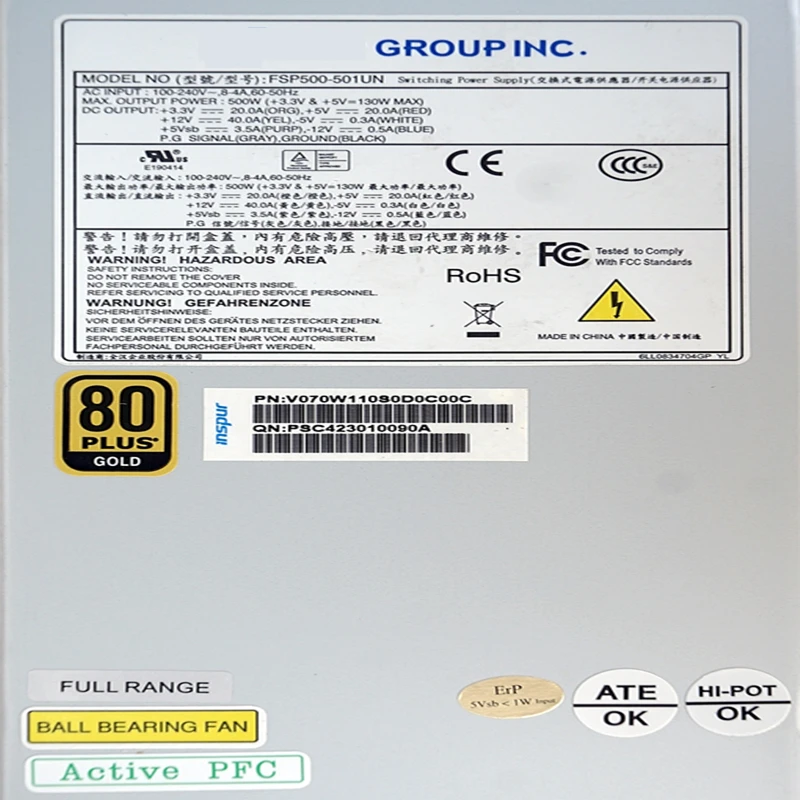 Original PSU For FSP 1U 80plus Gold 500W Switching Power Supply FSP500-501UN - Serverpowersupply