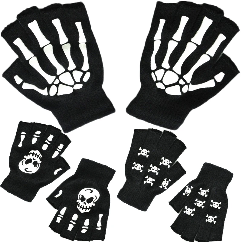 Luminous Skeleton Fingerless Gloves For Men Women Teens Skeleton Skull ...