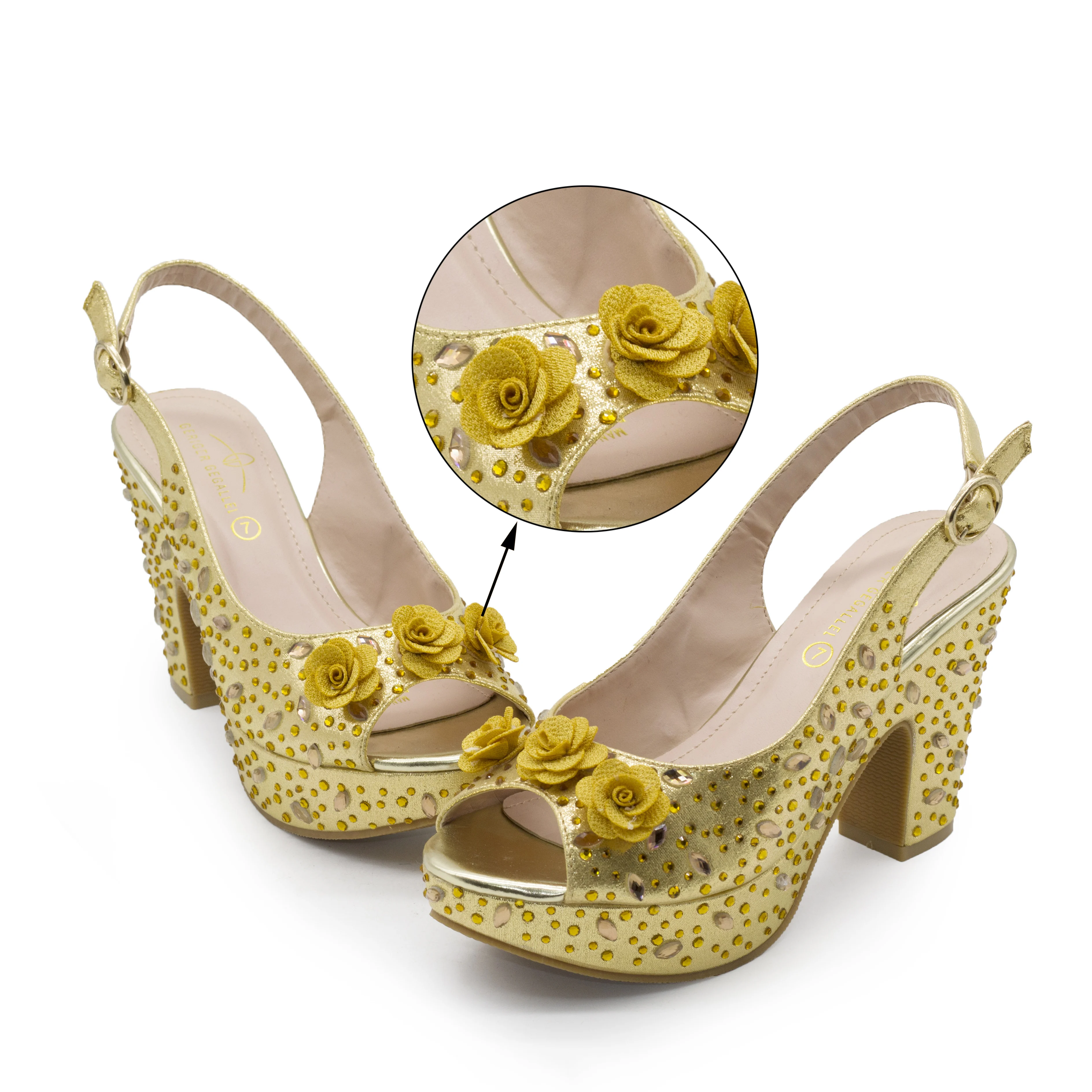 Sandales à talons hauts et épais pour femmes, chaussures de luxe dorées ...