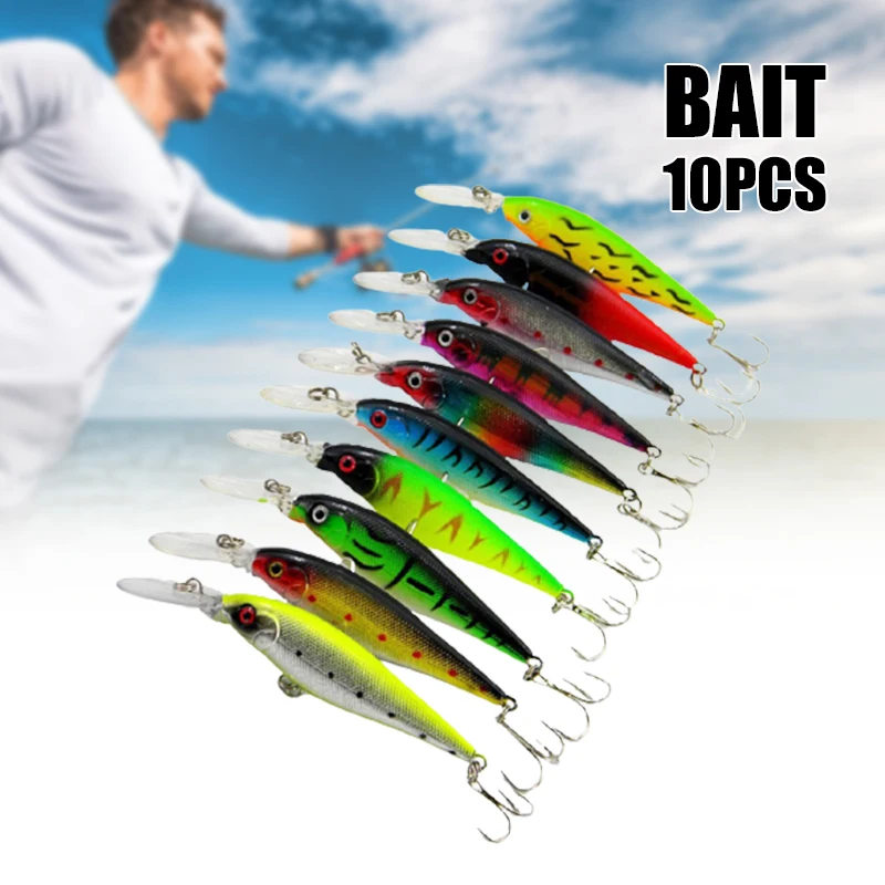 10 PCS Fake Fish Lure Set Wobbler Baits with Built-in Bell Hard Fishing ...