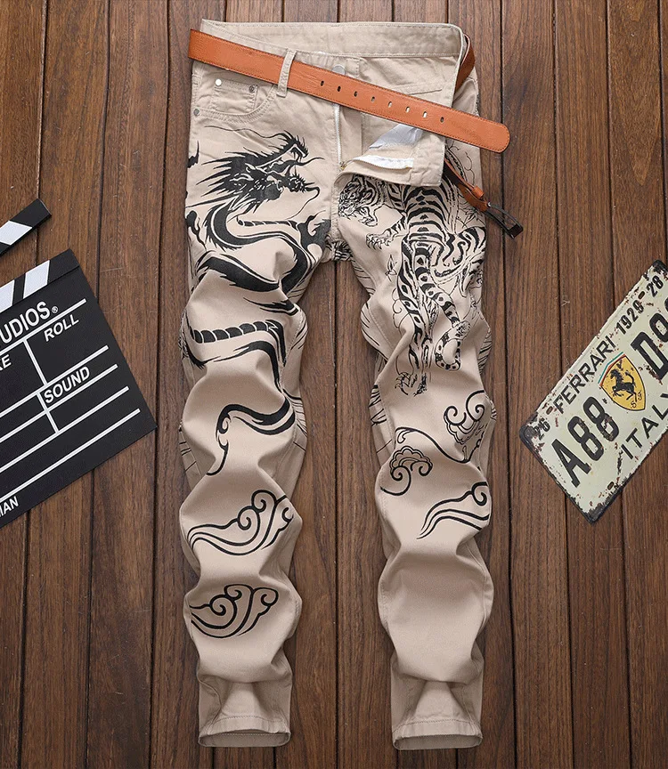 2021 New Trend Chinese Style Printed Men's Jeans Teenagers All-match ...