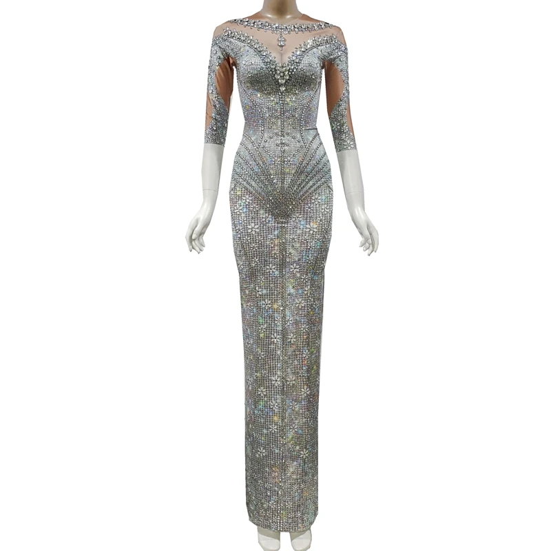 Sparkly-Rhinestones-Bodycon-Long-Dress-Spandex-Stretch-Women-Birthday ...