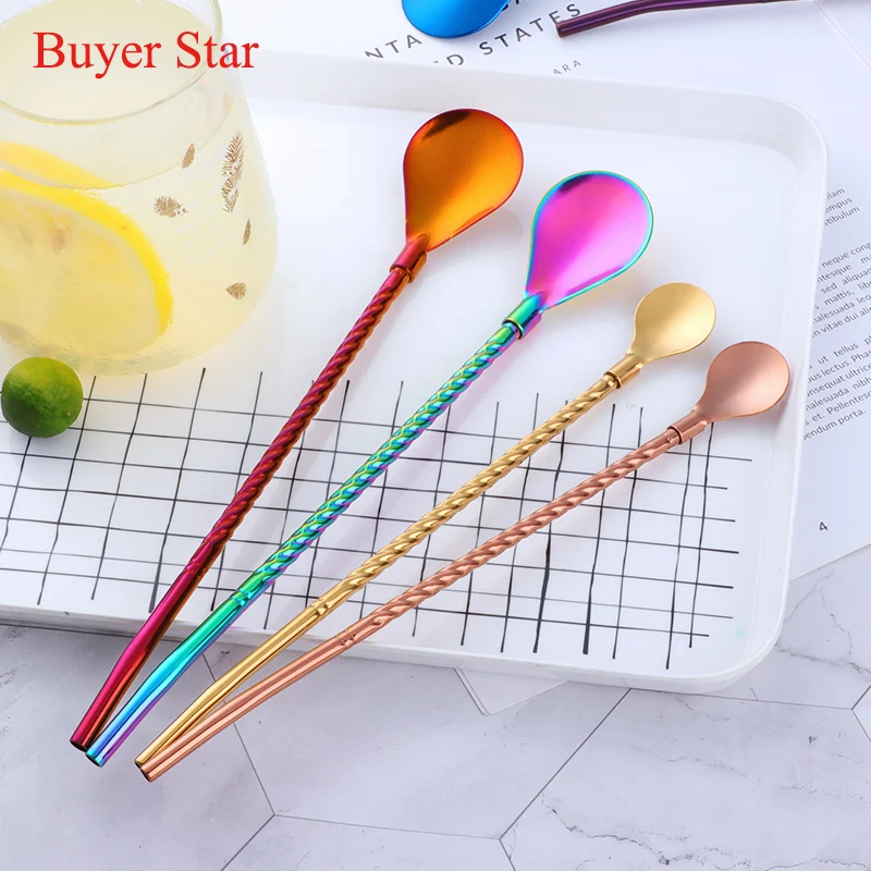 8Pcs-Stainless-Steel-Spiral-Pattern-Long-Straw-Spoon-Reusable-Drinking ...