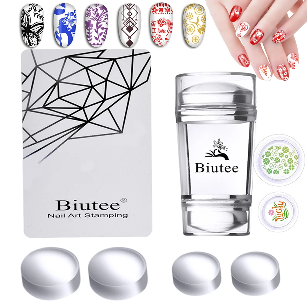 Biutee 네일 아트 템플릿 퓨어 클리어 젤리 실리콘 네일 스탬프 플레이트 스탬핑 젤 키트가있는 스크레이퍼 티몬