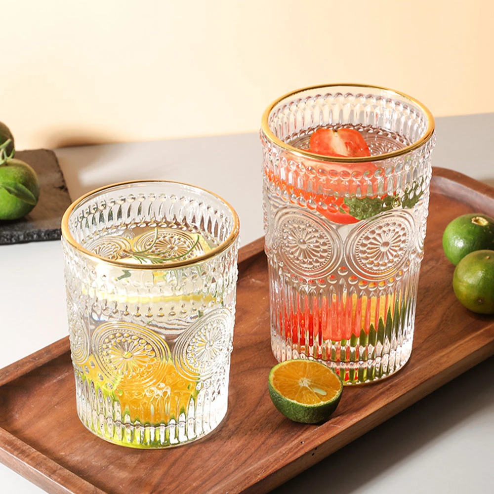 Golden Rim Glass Cup Simple 270ml 370ml Relief Sunflower Round Water ...