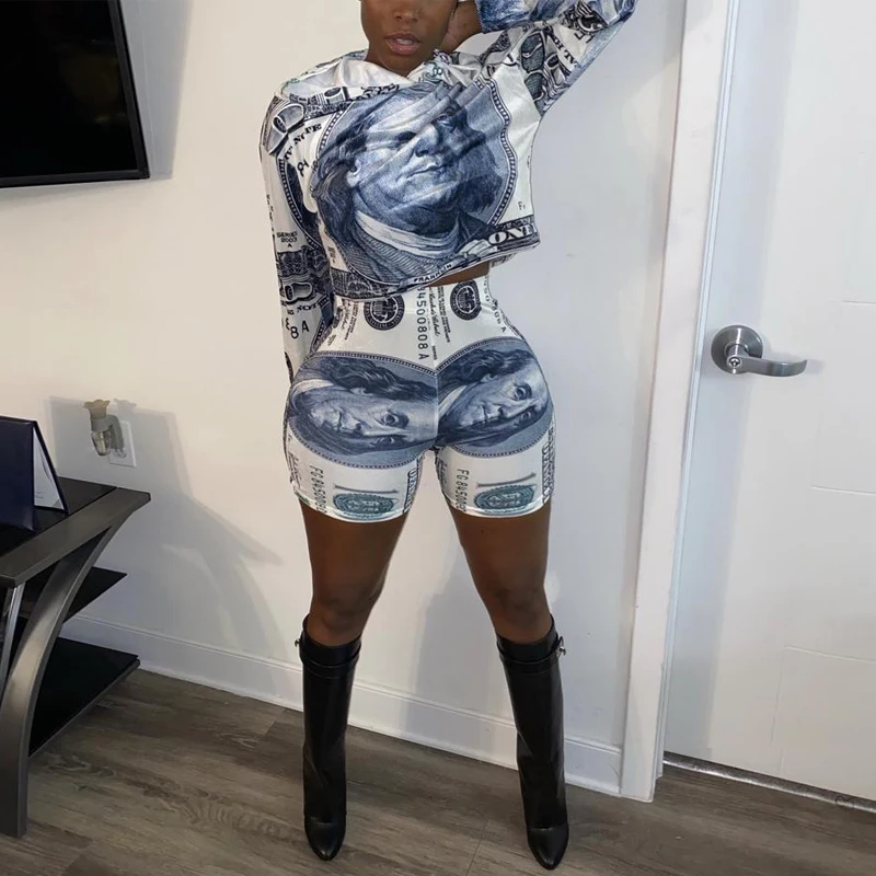 hirigin-2020-Money-Print-Hooded-Crop-Sweatshirts-Biker-Shorts-2-Piece ...