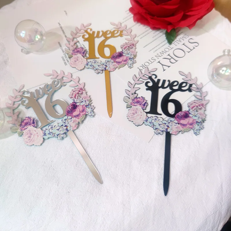 Flowers Number Acrylic Happy Birthday Cake Toppers Gold 16 18 21th ...