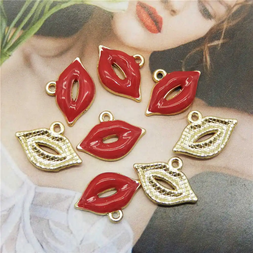 Julie Wang 10PCS Enamel Red Lip Charms Sex Mouth Alloy Golden Tone For ...