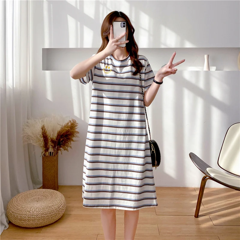 Pink Striped Embroidery Smiling Face Casual Women Dresses Short Sleeve ...