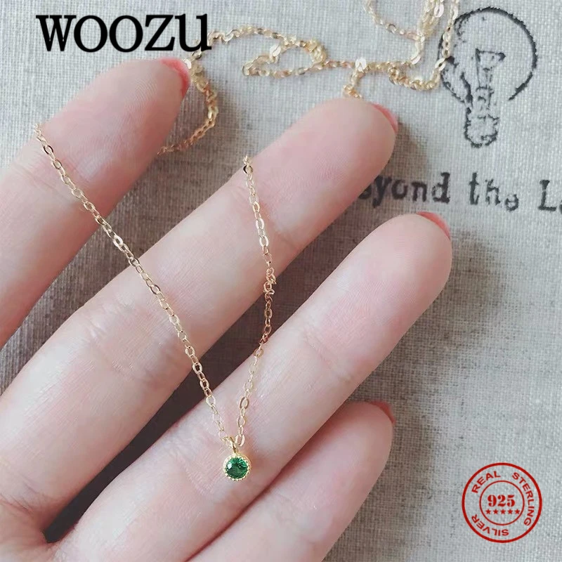 Woozu Genuine 925 Sterling Silver Round Green Zircon Link Chain Clavicle Charming Necklace For ...