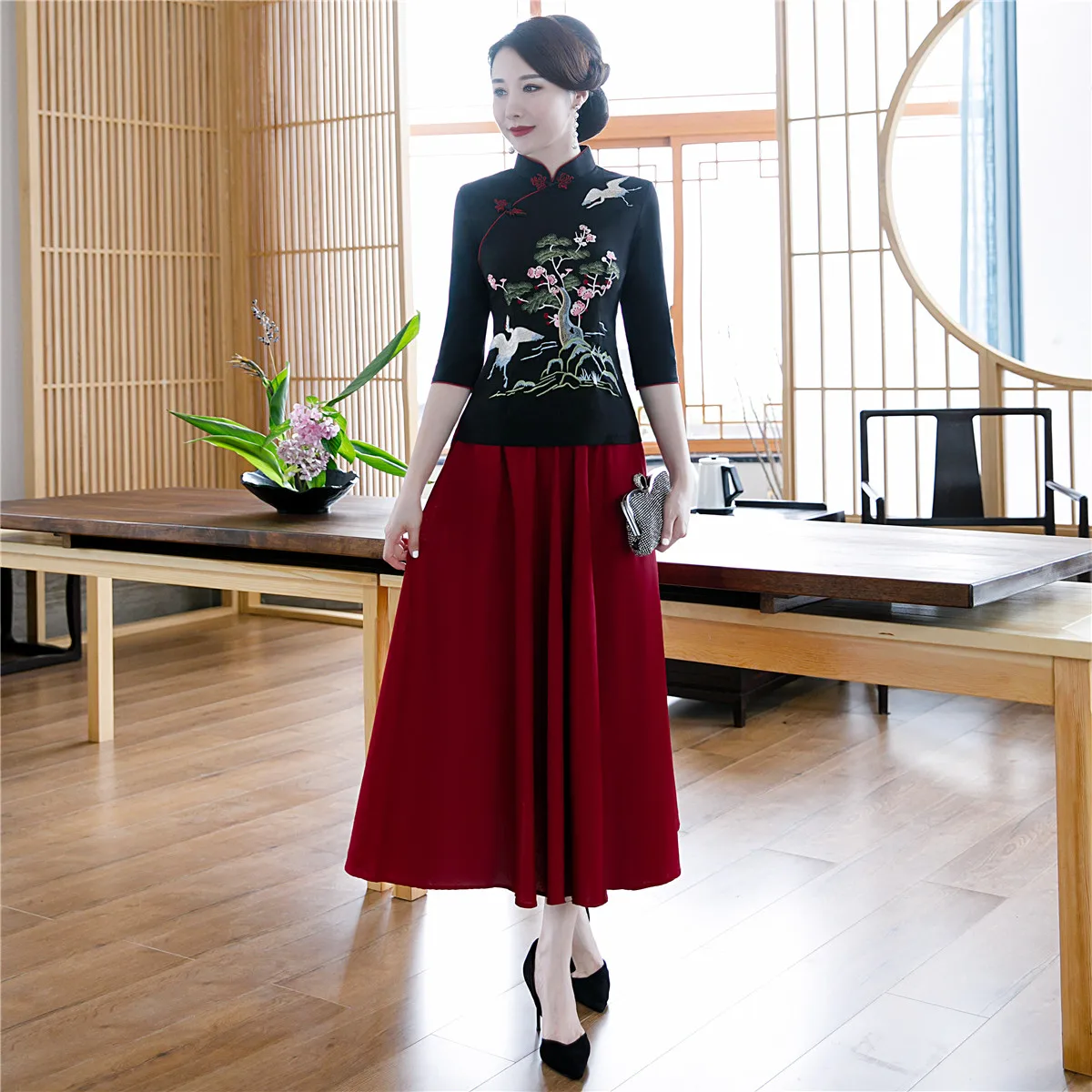 Xangai história meia manga bordado blusa chinesa com saia de algodão ...