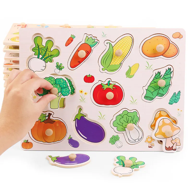 Kids-3D-Wooden-Puzzle-Hand-Grab-Boards-Toys-Vehicle-Animals-Fruits ...