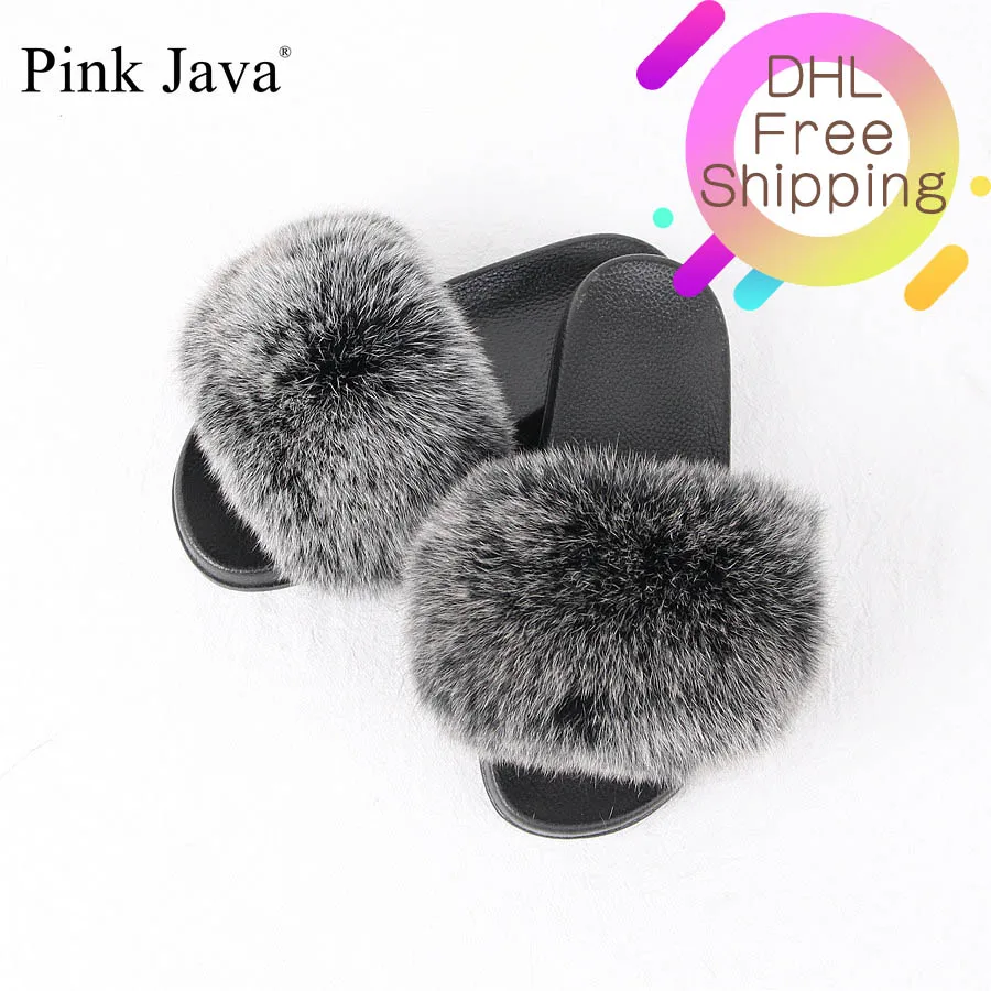 pink java NEW ARRIVA summer women shoes real fox fur slipper girl ...