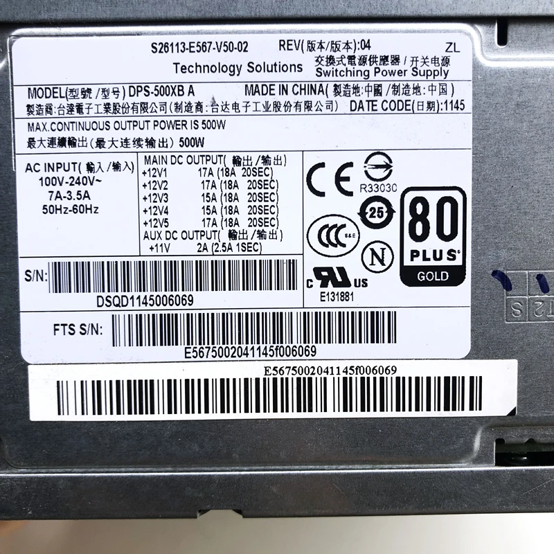 Original PSU For Fujitsu 80plus Gold 500W Switching Power Supply S26113-E567-V50-02 DPS-500XB A ...
