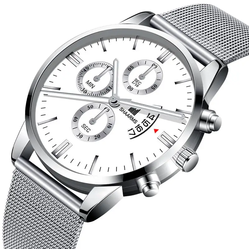 Luxury Men Silver Watch Stainless Steel Mesh Band Analog Quartz Date ...