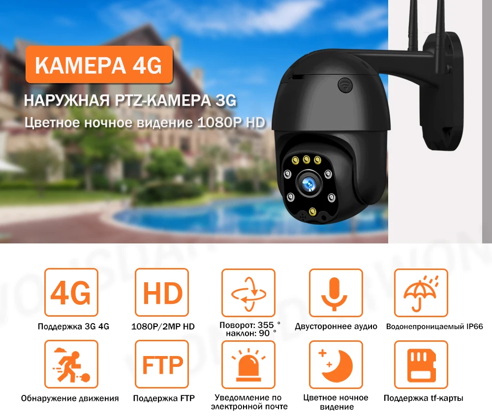 Купольная камера с SIM-картой, 4G, PTZ, 1080P, 5 МП, HD, 5-кратный ...