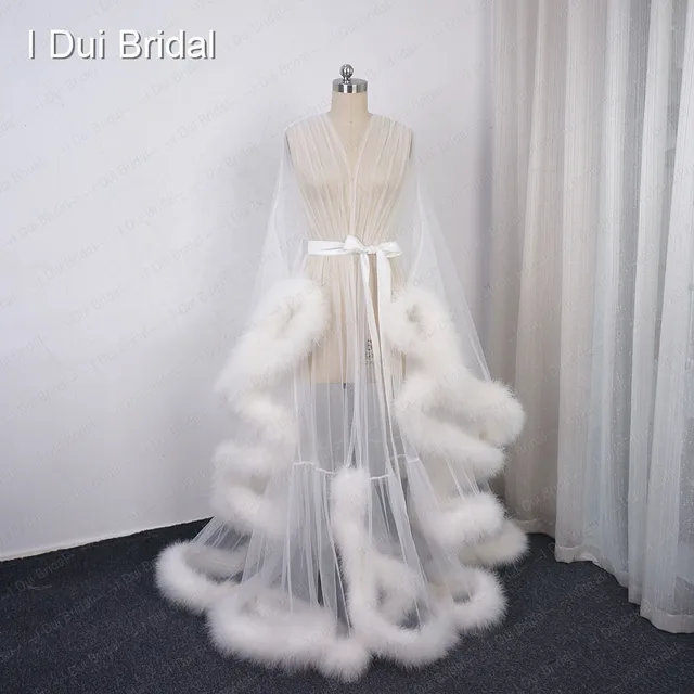 Extra Puffy Feather Robe Long Tulle Illusion Sheer Fur Wedding Gift ...