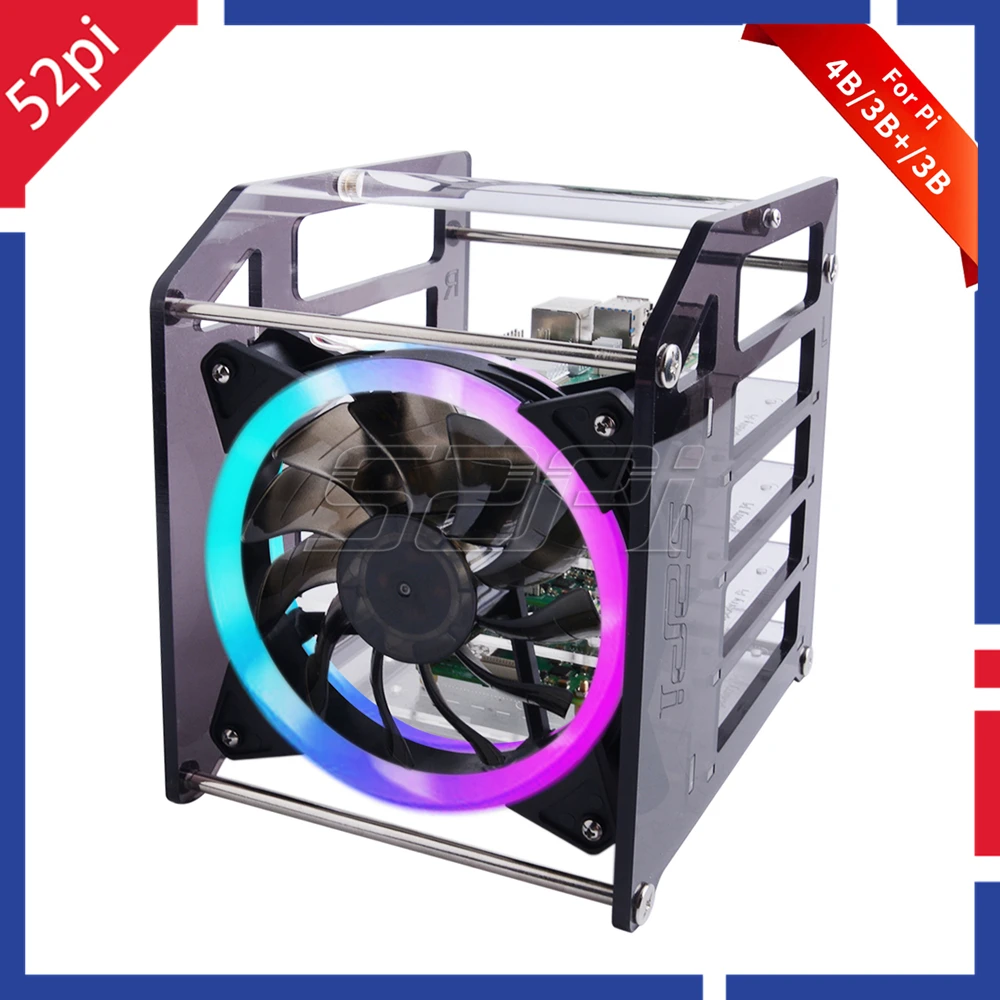 52pi Rack Tower 4 Layer Acrylic Cluster Case Large Cooling Fan Led Rgb Light For Raspberry Pi 4 ...