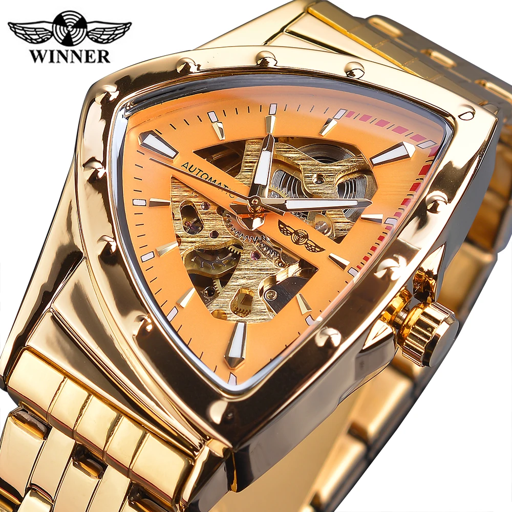 Winner Men Skeleton Automatic Military Watch Luxury Gold Triangle ...