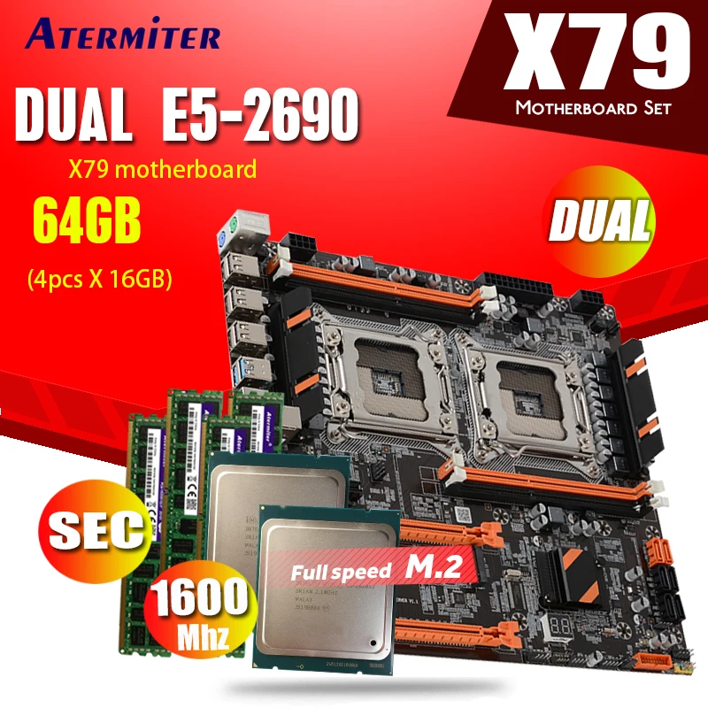 atermiter X79 Dual CPU motherboard set with 2 × Xeon E5 2690 4 × 16GB ...