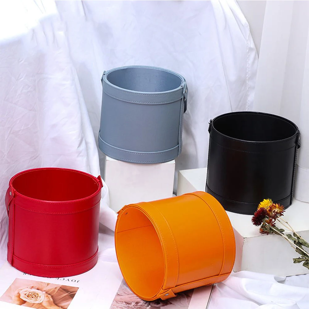 Portable Leather Hug Bucket Round Hand Gift Box European Style Flower ...