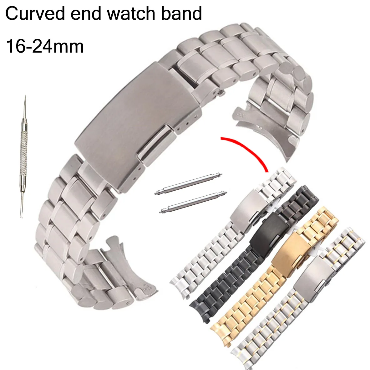 Curved-End-Watch-Band-Solid-Stainless-Steel-Watch-Strap-16-18-20-22 ...