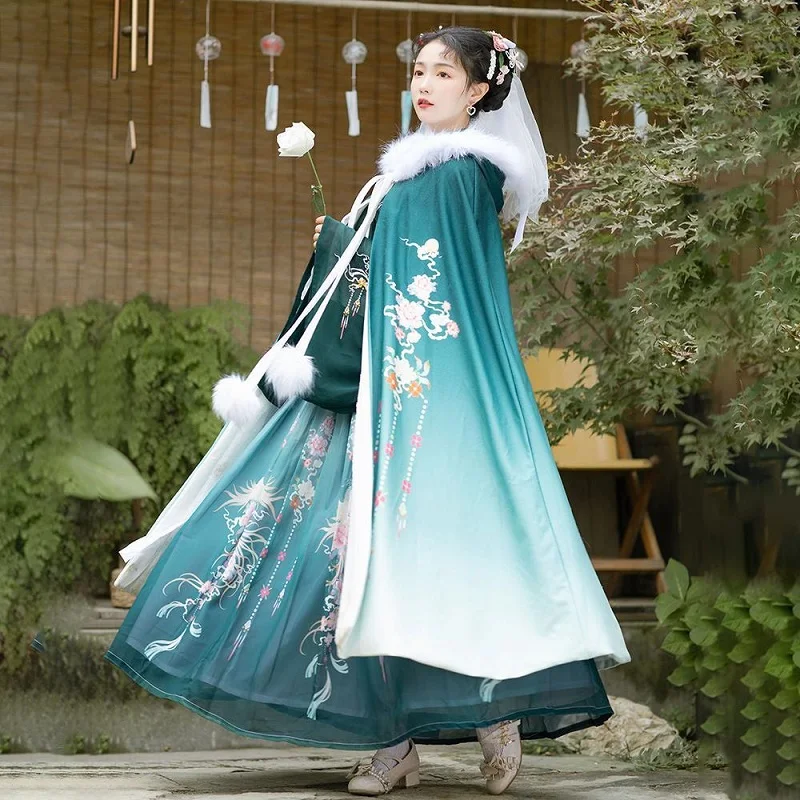 Autumn Winter Women Hanfu Cape Cloak Fairy Hooded Floral Print Warm ...