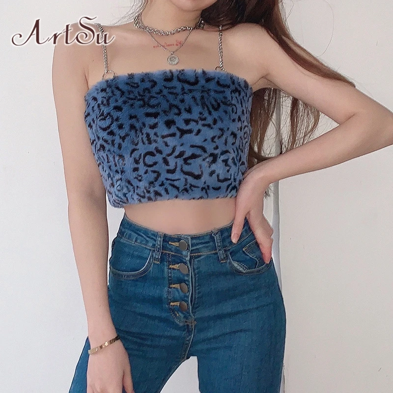 ArtSu Tops cortos peludos con estampado de leopardo para mujer, ropa de ...
