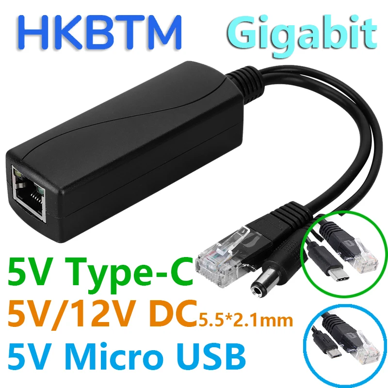 HKBTM Gigabit PoE Splitter Micro USB/Type-C/DC Power over Ethernet for ...