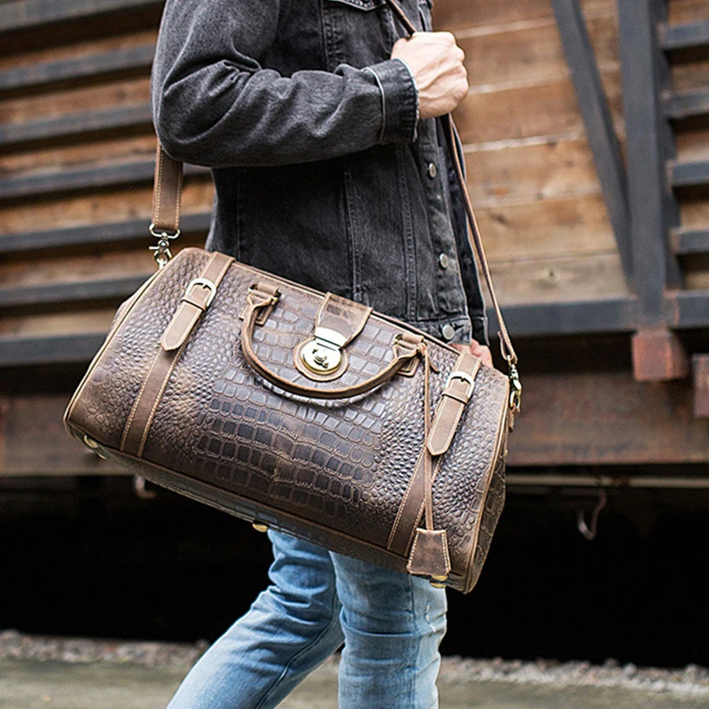 Luufan Vintage Genuine Leather Mens Travel Bag Big Capacity Crocodile ...
