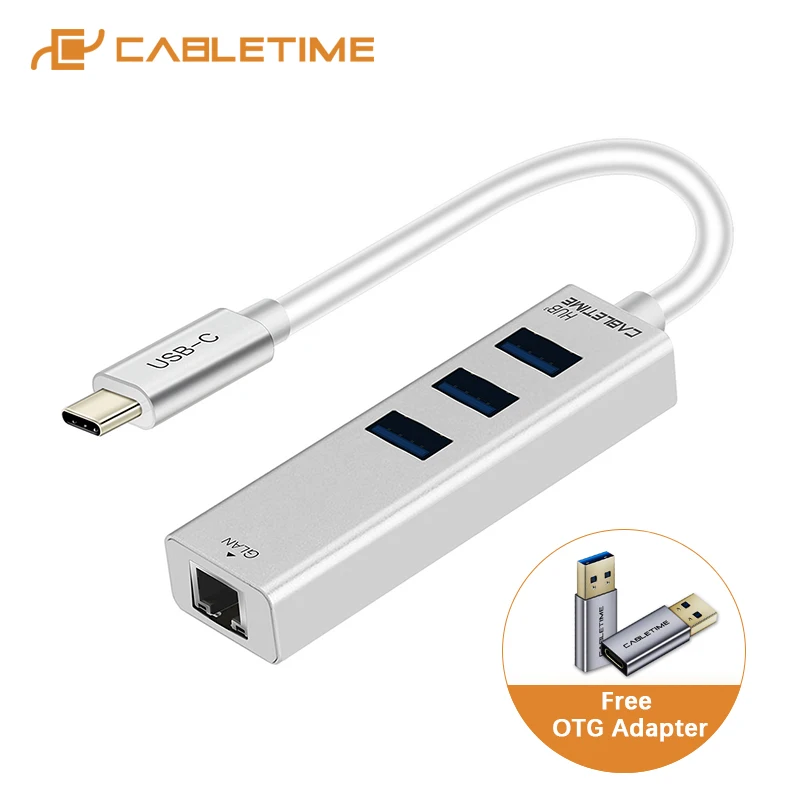 CABLETIME USB C HUB USB 3.0 RJ45 Type C to Network Ethernet Card 4 in 1 ...