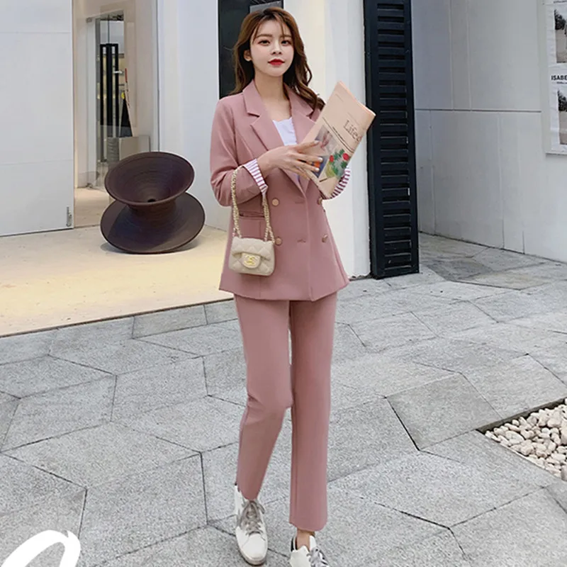 고품질 캐주얼 솔리드 여성 바지 정장 노치 칼라 더블 브레스트 블레이저 코트 And 펜슬 팬츠 오피스 레이디 비즈니스 바지 정장