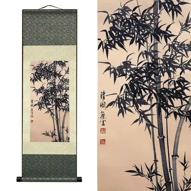 Chinese Style Ink Silk Scroll Painting Silk Reel Rolling Wall Hanging ...