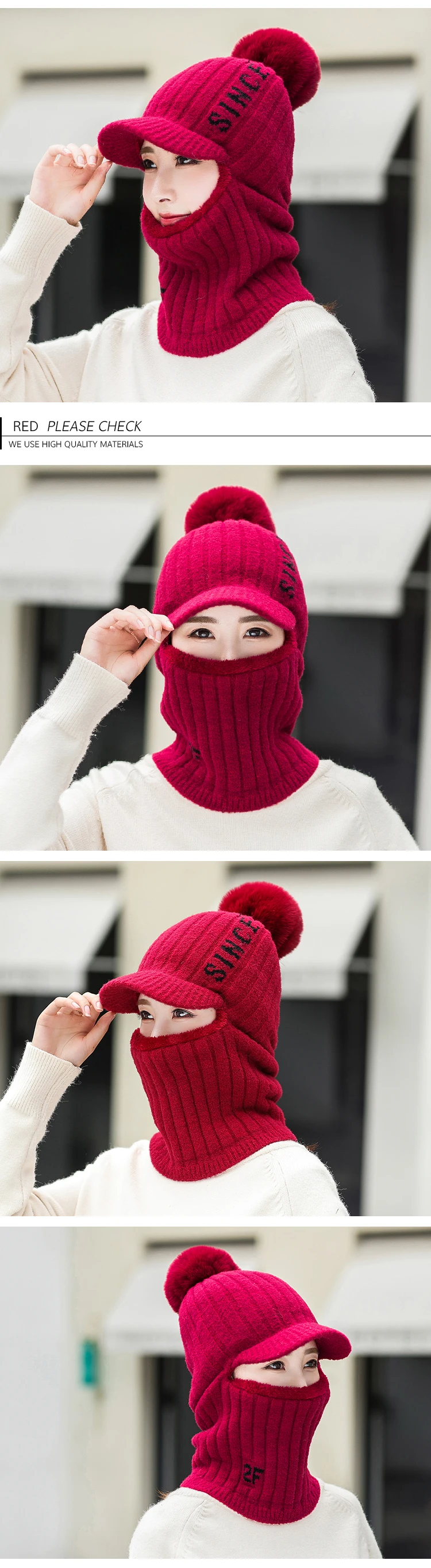 Зимняя женская кашемировая Балаклава, вязаные шапки с полями, вязаные ...