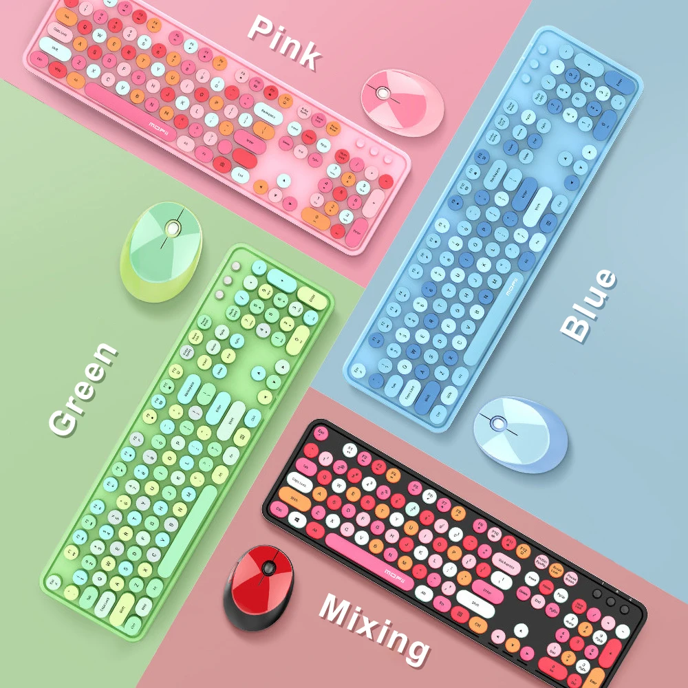 Wireless Keyboard and Mouse Combo 2.4G Cute Retro with Colorful Round ...