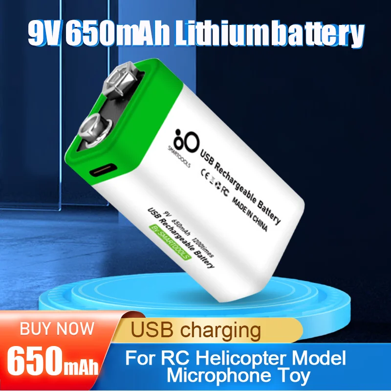 9V 650mAh 6F22 Lithium Rechargeable Battery USB Charging For Toy Remote ...