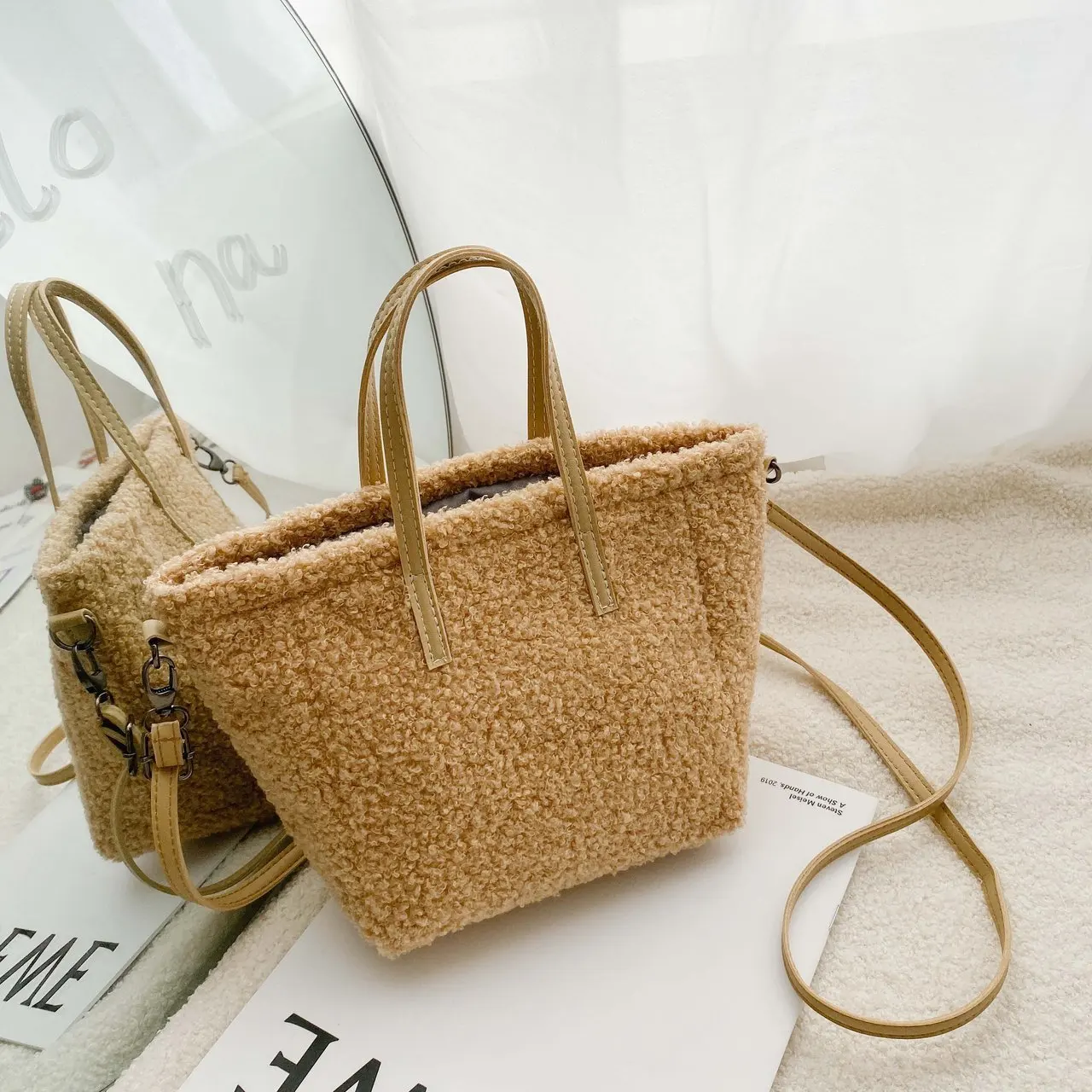 Women Plush Shoulder Bag Warm Cloth Fabric Pure Color Handbag Ladies ...