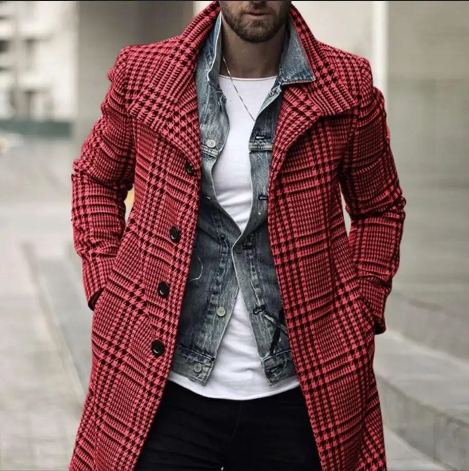 Manteau - caban,Trench-Coat à carreaux mi-long pour hommes,tendance,col ...