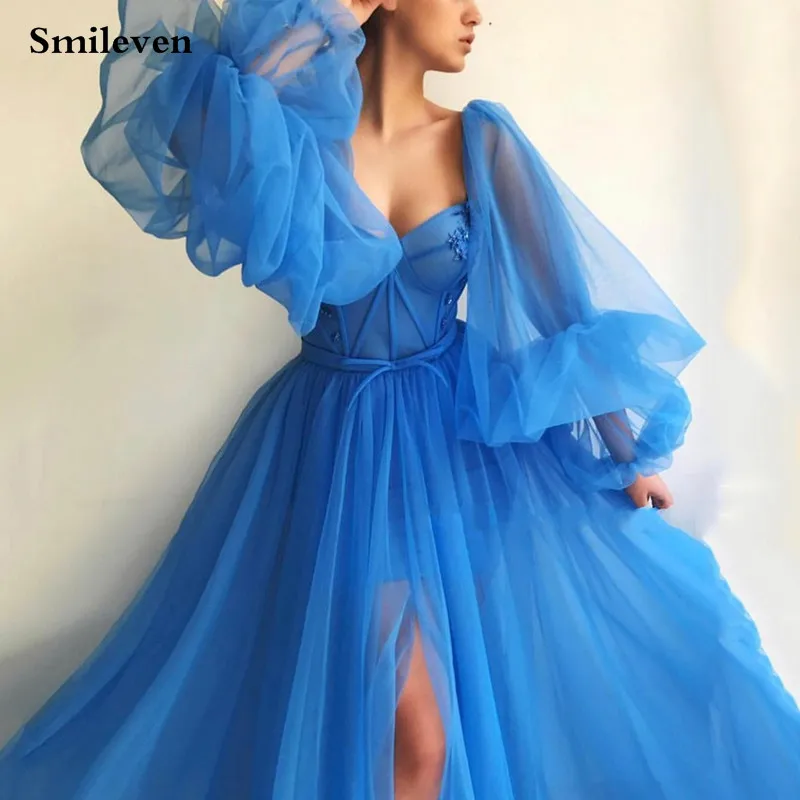 Smileven Long Puffy Sleeve Blue Prom Dresses Tulle Backless Lace-up ...
