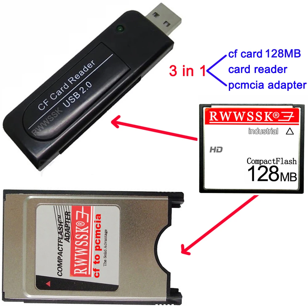 3 in 1 original PCMCIA adapter+cf card USB2.0 reader+cf card 128MB ...