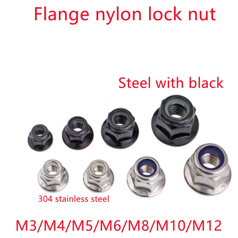 2-20pcs M3 M4 M5 M6 M8 M10 M12 Black Carbon 304 A2-70 Stainless Steel Hex Flange Nylon Insert ...