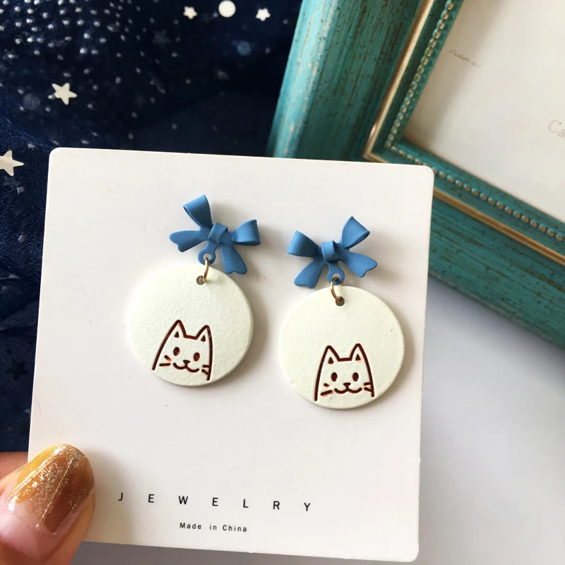 S925 Needle Bow Knot Stud Earrings Fun Cute Round Cat Pattern Earrings s925-needle-bow-knot-stud-earrings-fun-cute-round-cat-pattern-earrings