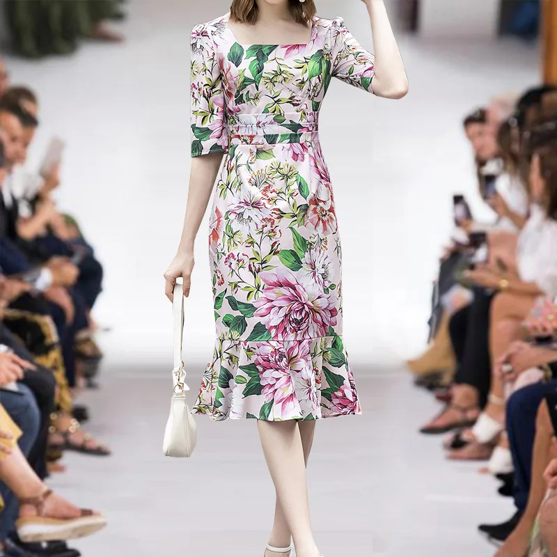 새로운 우아한 여성 여름 꽃 인쇄 Pleated 드레스 런웨이 드레스 2020 여성 고품질 미디 인어 파티 드레스드레스