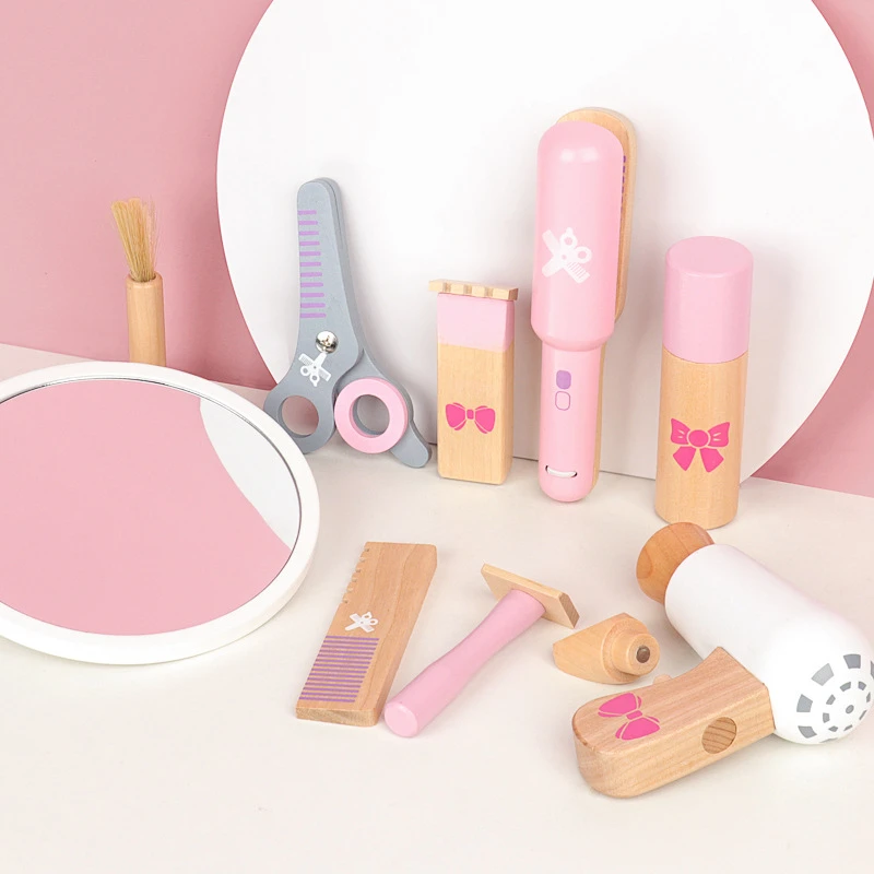 New Wooden Haircut Toy Set Beauty Wood Hairdressing Girls Makeup Set ...