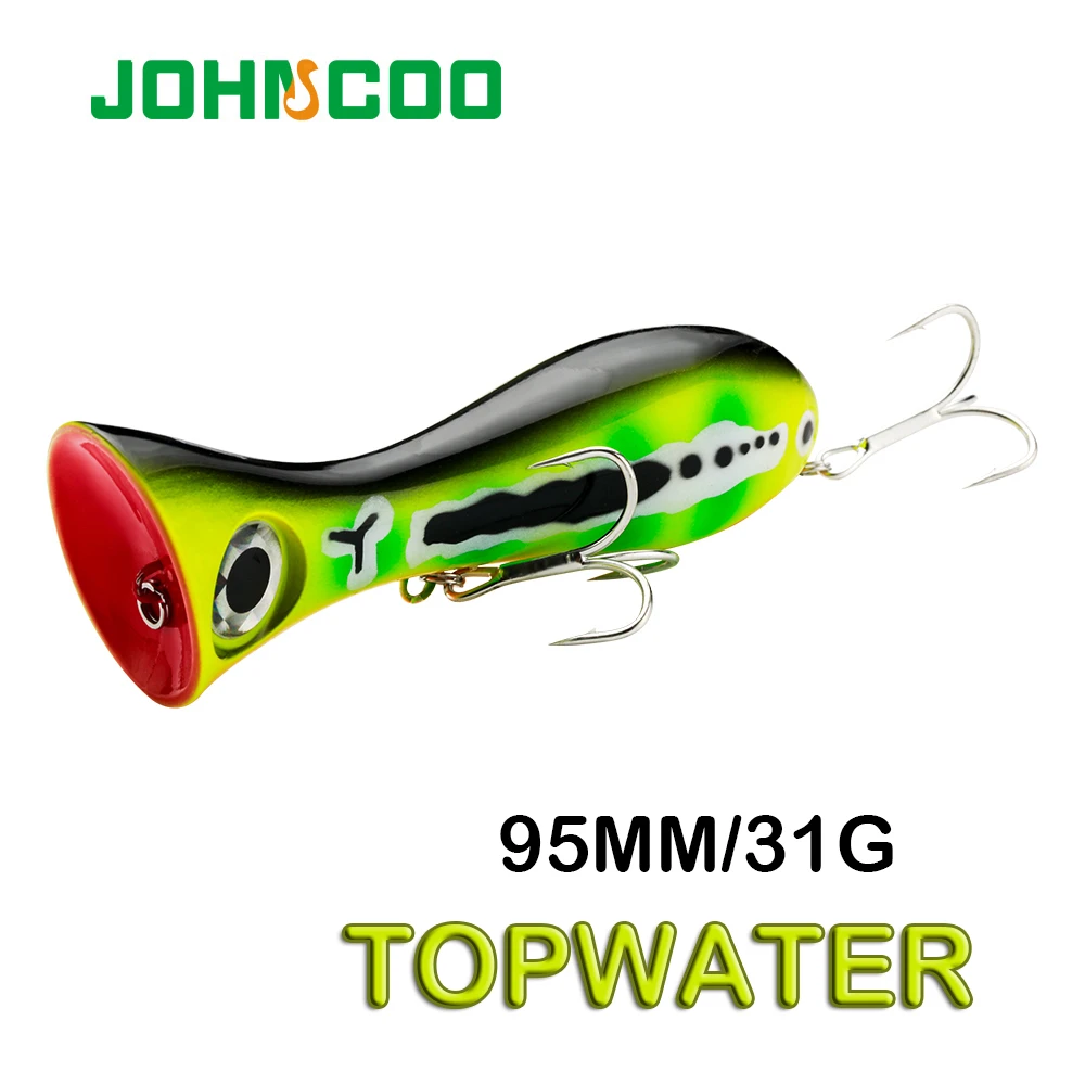 Johncoo iscas de pesca 9.5cm/31g topwater popper isca dura isca artificial wobblers 3d design 2 ...