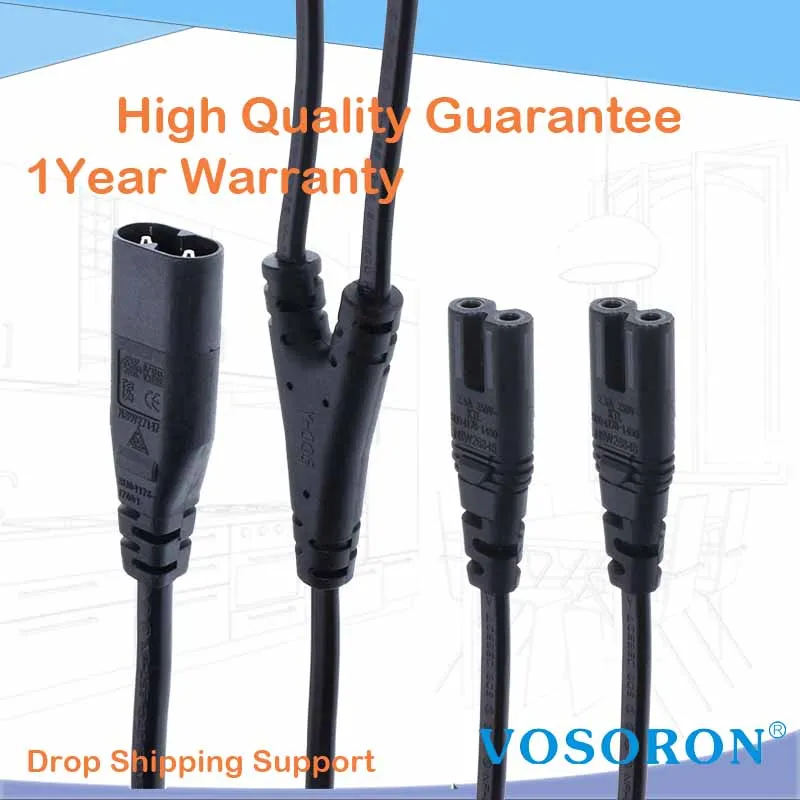 IEC320 C8 to 2X C7 Y Split AC Power Cord, IEC Figure 8 Male to 2 Female ...