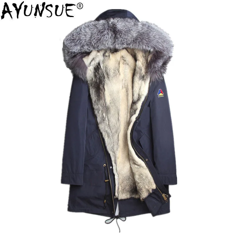 AYUNSUE Men Natural Wolf Fur Coat Real Fox Fur Collar Parka Men Clothes ...